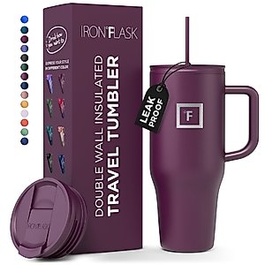 IRON FLASK Co-Pilot Insulated Mug w/Straw & Flip Cap Lids - Cup Holder Bottle for Hot, Cold Drink - Leak-Proof - Water, Coffee Portable Travel Mug - Burgundy, 40 Oz