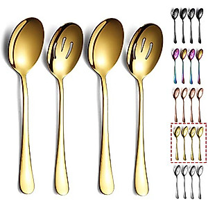 Gold Serving Spoons 4 Pieces, Kyraton Titanium Plating Serving Spoon, Include 2 Serving Spoon And 2 Slotted Spoons, Stainless Steel Serving Utensils, Serving Set Packing of 4