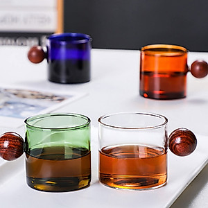 Plcnn Set of 4 Colored Glass Coffee Mugs, Small Insulated Clear Milk Tea Cups with Sandalwood Handle (120ml/4oz) Espresso Coffee Cups Latte Cups for Women Men Gifts