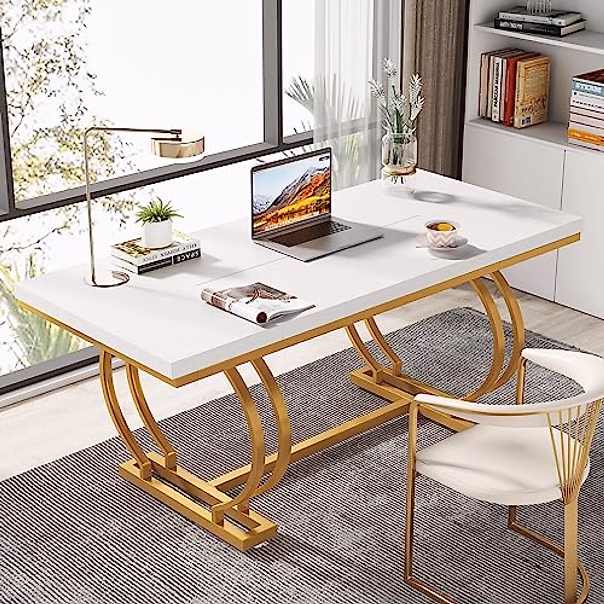 Tribesigns 70.9" Executive Desk, Large Modern Office Desk Computer Desk with Gold Metal Frame, Conference Table Meeting Room Table for Home Office, White and Gold