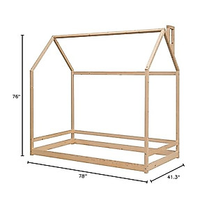 AOCOROE Twin Size House Bed Frame Floor Montessori House Bed Canopy Bed for Boys and Girls. House Shaped Wood Twin Bed Frame Without Slats, Natural