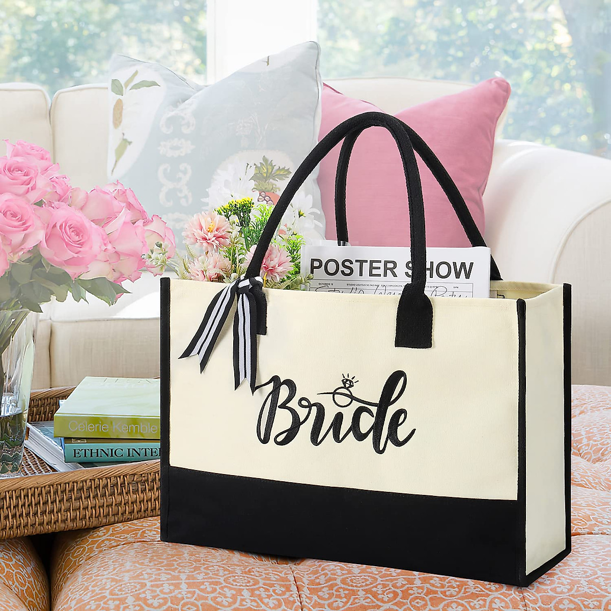 Bride Tote Bag Bridal Shower Gifts Embroidered Canvas Personalized Bridal Bag Engagment Wedding Honeymoon Gifts for Bride at Bachelorette Party Gift for Friend Trip Handbag with Internal Zipper Pocket