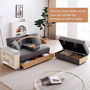 cinkehome 85" Convertible Sleeper Sofa with Adjustable Backrest, Multifunctional Couch Bed for Living Room, Storage Ottoman, Built in Drawer, Bookself and Cup Holders, Comfy Cotton-Linen, Gray