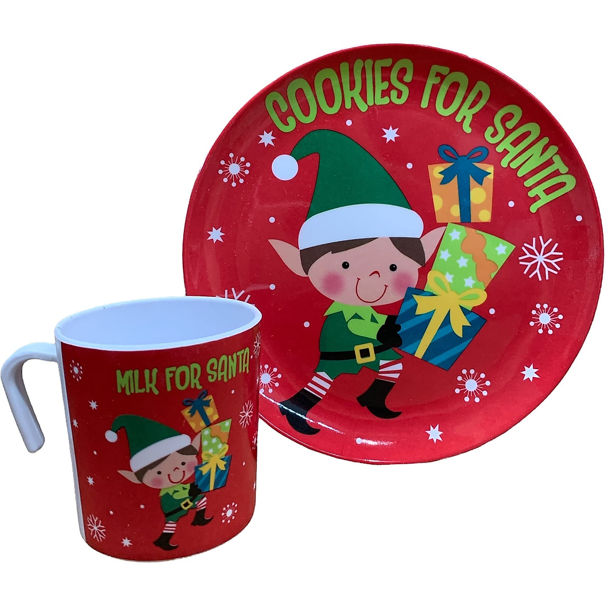 Clear Above Cookies for Santa Plate and Mug Set | Santa Elf Reindeer Melamine Wares (Elf Packages Red)