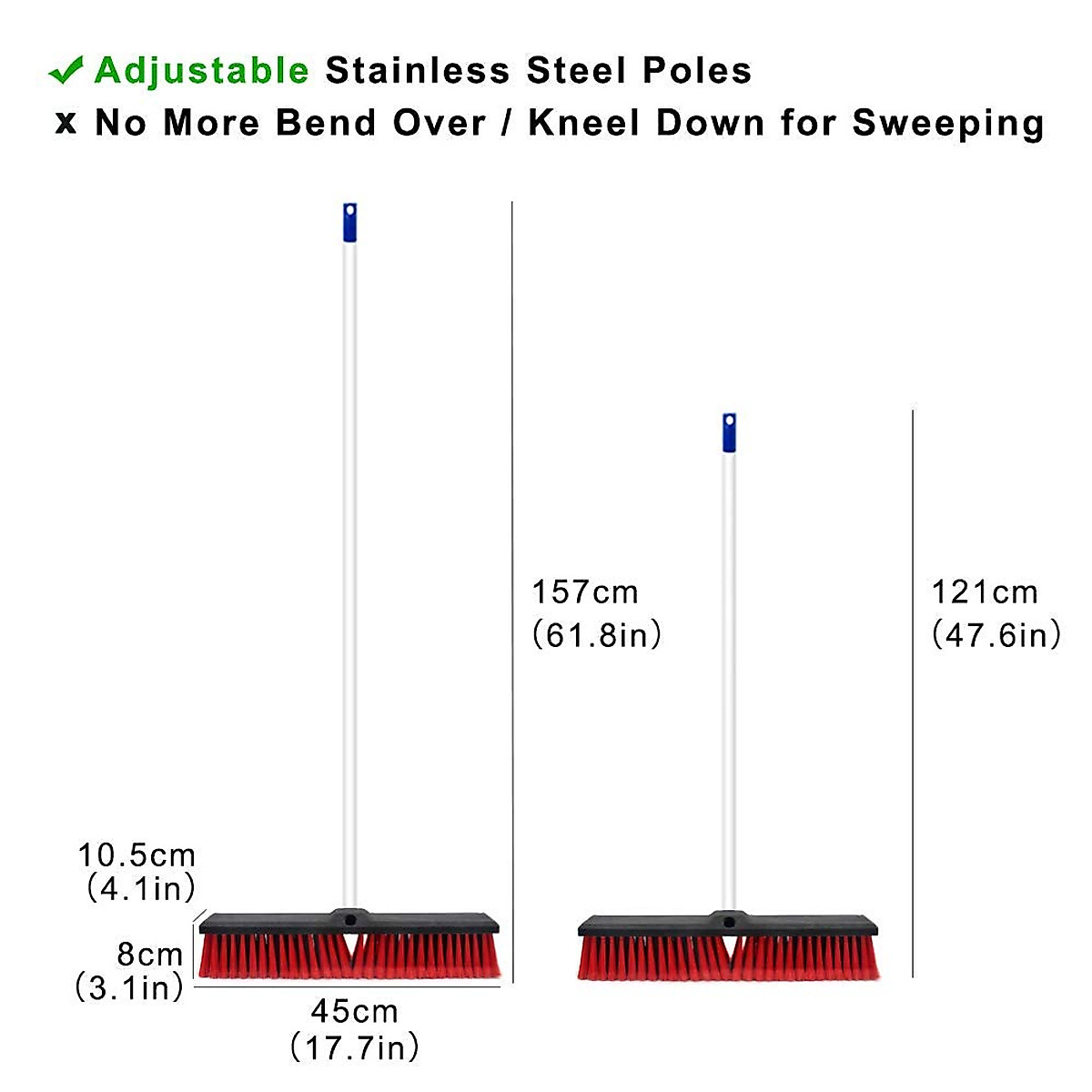 Push Broom Long Handle Rubber Bristles Sweeper Squeegee Edge 59 inches Non Scratch Bristle Broom and Push Broom Stiff Indoor Outdoor Rough Surface Floor Scrub Brush 17.7 inches Wide 61.8 inches