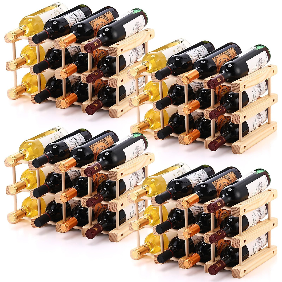 Kigley 4 Pcs 48 Bottles Wine Racks Wood Stackable Modular Wine Holder Freestanding Modular Wine Bottle Storage Display Shelf Wood Wine Bottle Holder for Kitchen Bar Pantry Cellar, Wood