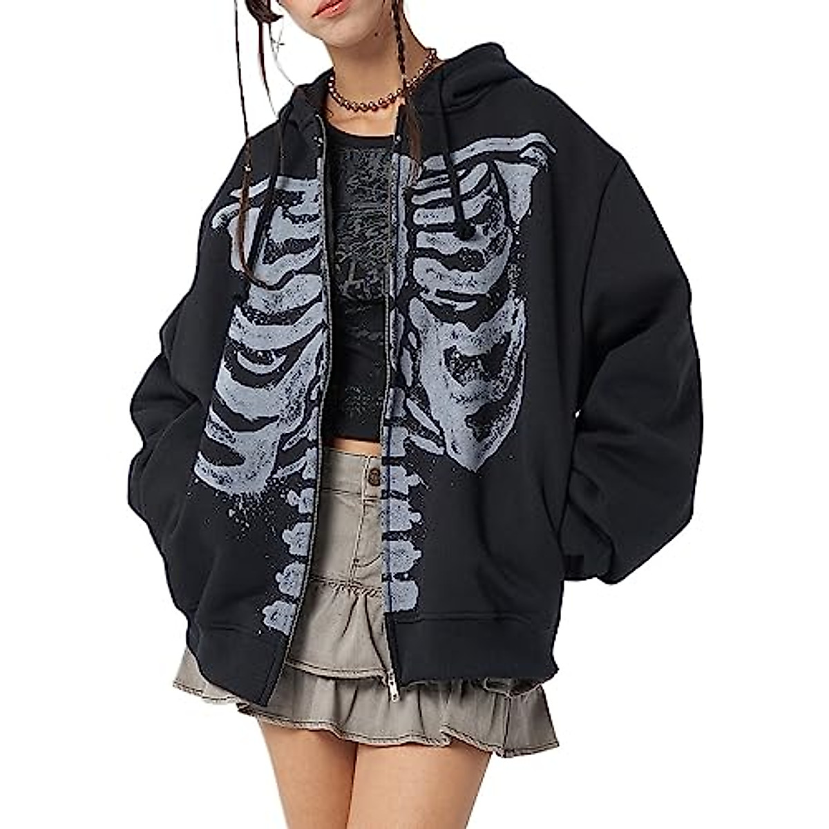 Yuemengxuan Womens Y2K Zipper Hoodie Long Sleeve Sweatshirt Harajuku Punk Grunge Tops Oversized Vintage Streetwear, Skeleton Black, Small