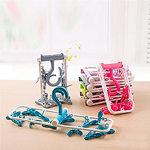Creatiee 2 Pack Folding Portable Travel Clip, Drip Drying Hanger Rack with 12 Clips for Clothes Socks Underwear - Windproof & Space Saving (Light Blue + Light Purple)