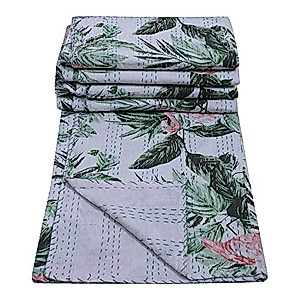 Maviss Homes Indian Traditional Handmade Patchwork Cotton Super Soft Kantha Quilt Blanket | Throw Bedspread Blanket | Bedroom Décor Throw Quilt |Home Décor; Green