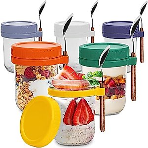 6 Pack Overnight Oats Jars with Lids and Spoons, 16 oz Glass Bottles Containers Large Capacity Yogurt Containers Airtight Jars for Milk, Cereal Storage Jars with Lids for Oatmeal Container to go