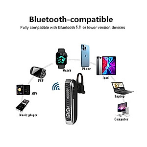 HZDJS Bleutooth earpiece Bluetooth earpiece for Cell Phone Bluetooth Headset with Ear Hook Digital Display Style Bluetooth v5.2 for Business/Office/Dviring/Sporting, Black