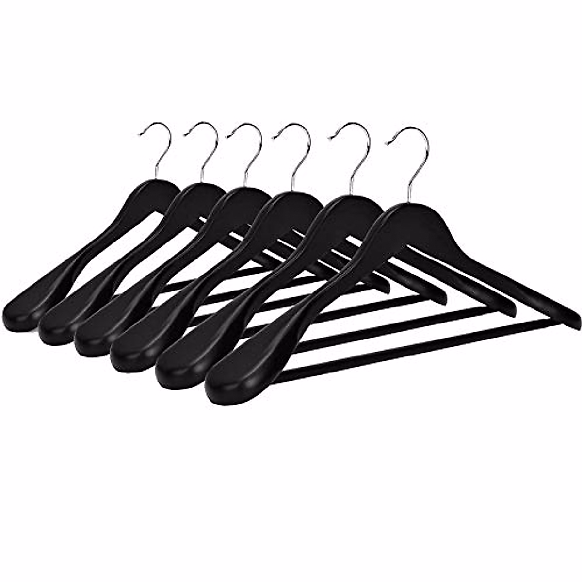 JS HANGER Wooden Suit Hangers, 6 Pack Extra-Wide Shoulder Wood Coat Hangers with Non Slip Pant Bar, Extra Smooth and Splinter Free Black Finish