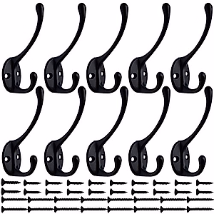 IBosins 10 Pack Heavy Duty Dual Coat Hooks Wall Mounted with 40 Screws Retro Double Hooks Utility Black No Rust Hooks for Coat, Scarf, Bag, Towel, Key, Cap, Cup, Hat (Black)