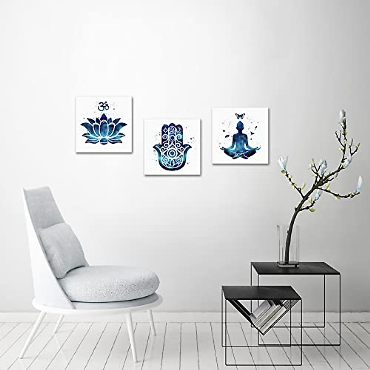 Saypeacher 3 Pieces Abstract Yoga Canvas Wall Art Blue Starry Night Pictures Lotus Flower Painting Pritns for Bedroom Yoga Room Bathroom Decor Sretched and Framed Ready to Hang 12"x12"x3pcs