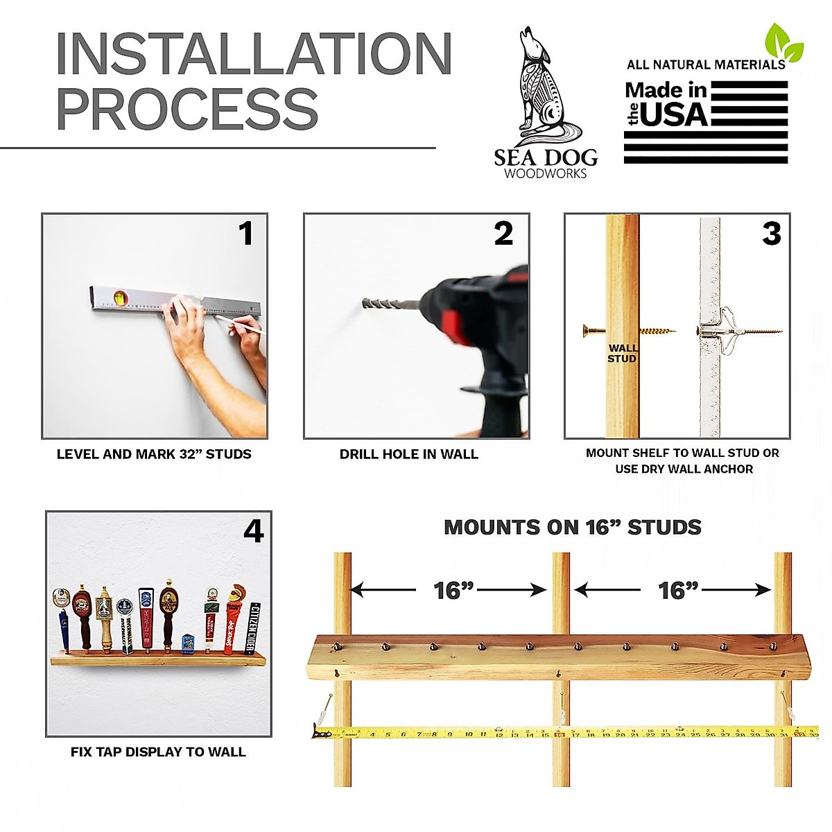 Tap Handle Holder Display Floating Shelf | Wall-Mounted Tap Handle Display Shelf Constructed from Reclaimed Redwood | Beer Tap Holder for 10 Tap Faucet Handles | Made in USA (10 Tap Handles)