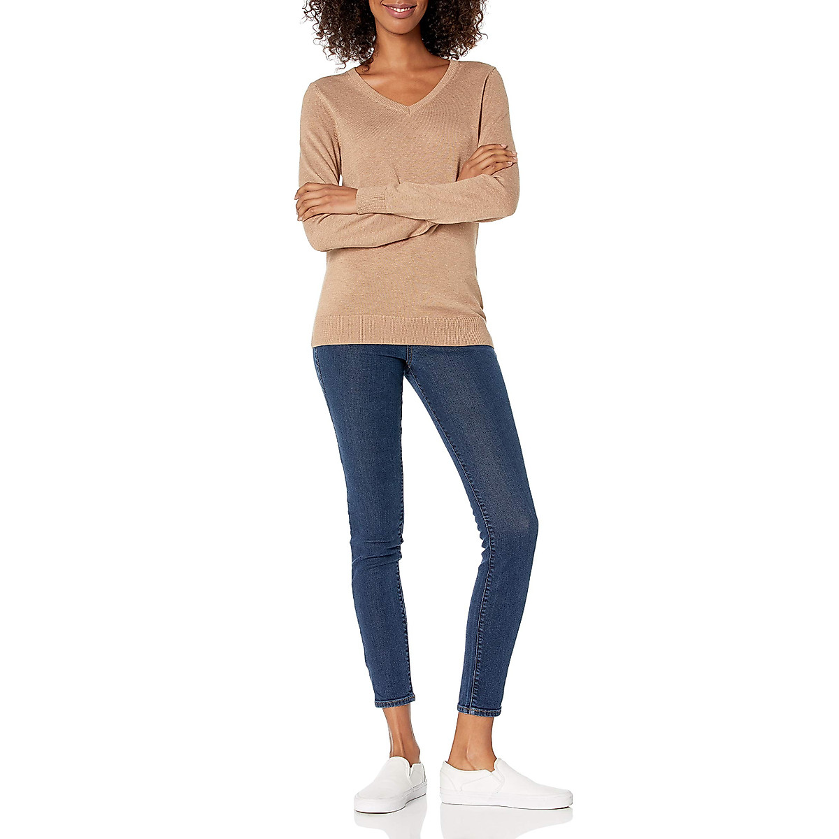 Amazon Essentials Women's Classic-Fit Lightweight Long-Sleeve V-Neck Sweater (Available in Plus Size), Camel Heather, Medium