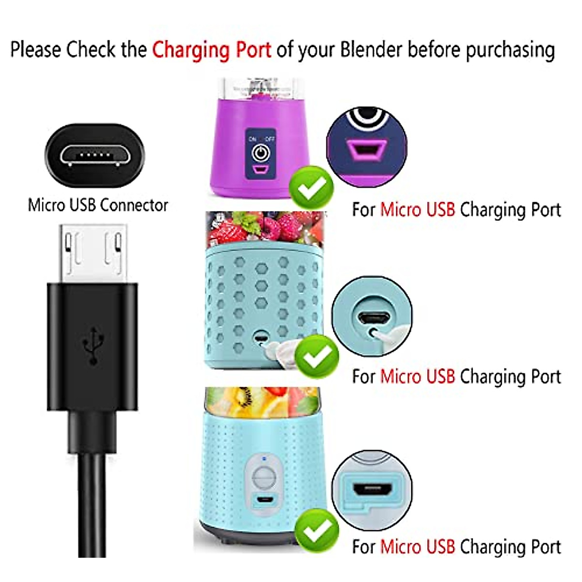 Portable Blender Charger Cord, USB Charging Cable Cord Compatible with PopBabies/Supkitdin/Aoozi/Mialoe/OBERLY Portable Blender Smoothie Blenders Personal Size Blender