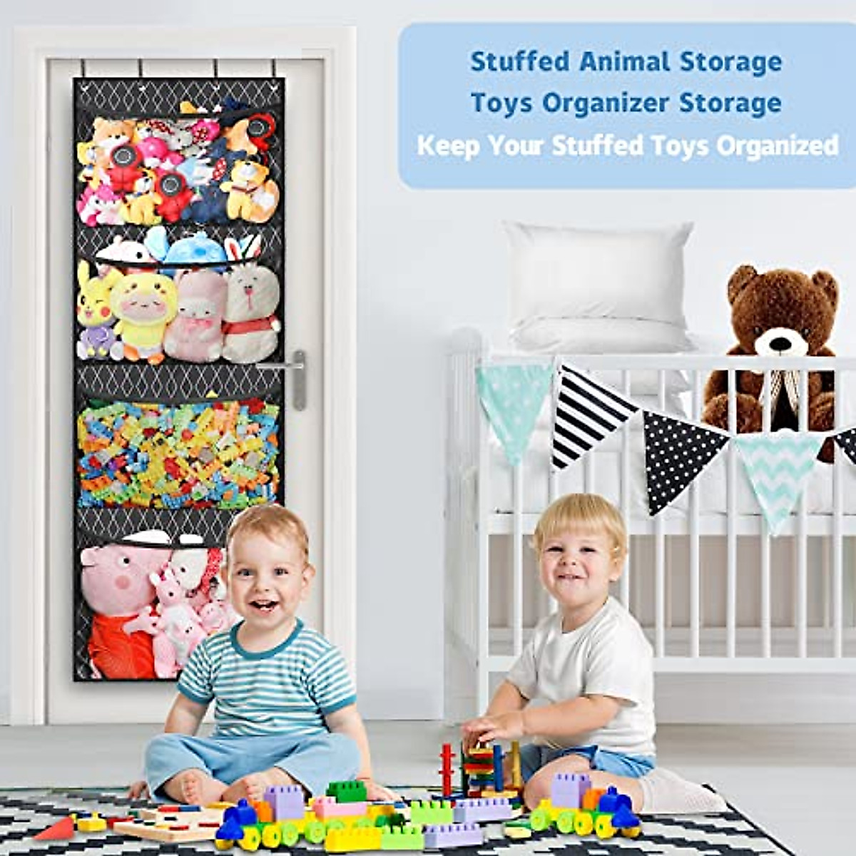 Melpler Stuffed Animal Storage - Stuffed Animal Holder, Hanging Stuffed Animal Organizer for Nursery, Over the Door Organizer for Stuffies, Toy Plush Storage with 4 Hooks 3 Support Rods(Grid Black)