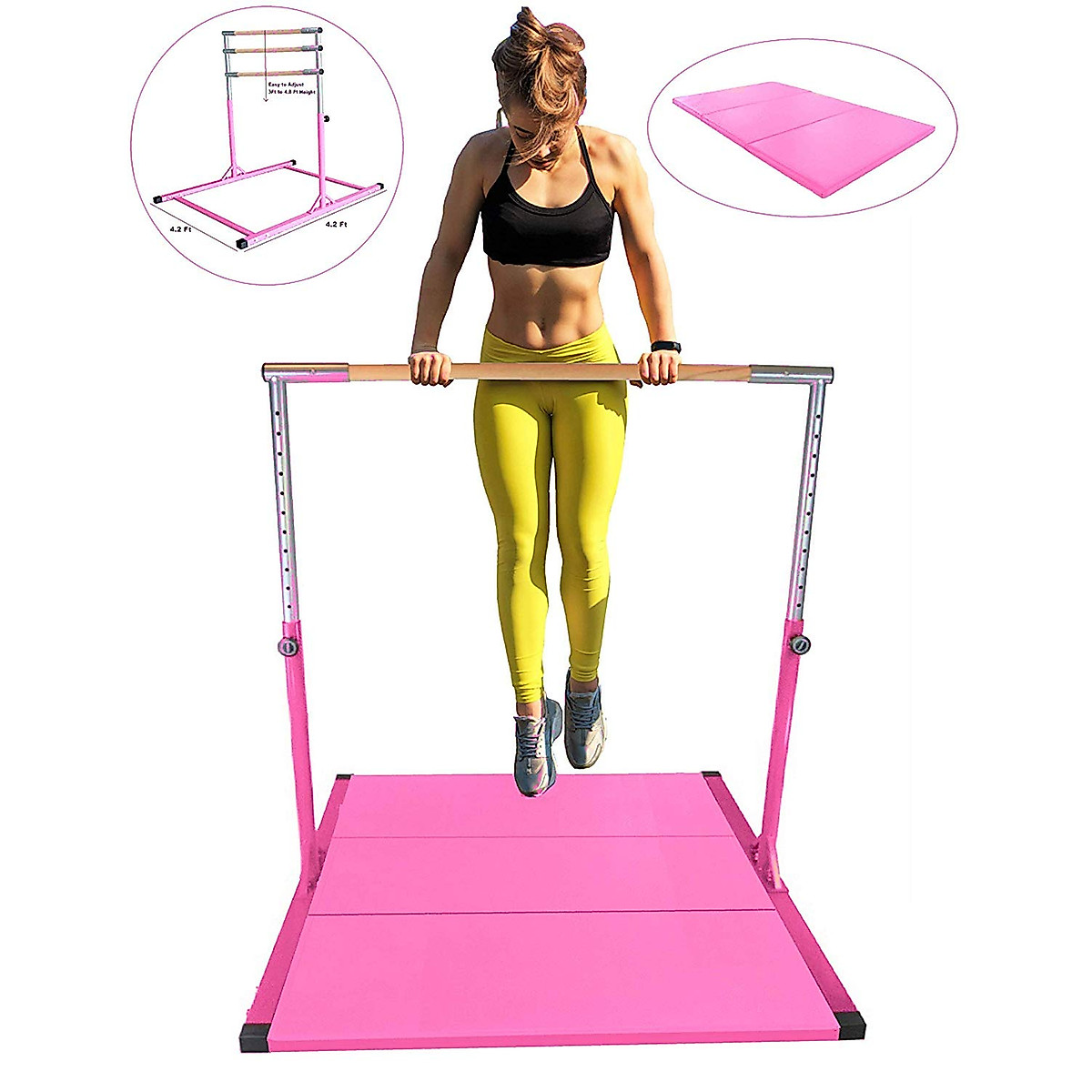 Kids Expandable Kip Bar with Tumble Mat Professional Horizontal Gymnastics Asymmetric Bar 4x6 FT Mat Jungle Gym Height Adjustable 3 to 5 FT Pink