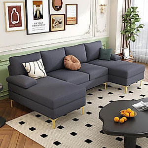 Lakifun Modular Sectional Sofa Couch for Living Room, U Shaped Convertible Lounge Sofa with Loveseat & Double Chaise, 4 Seater Comfy Fabric Couch Set for Home Office (Gray)