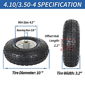 4.10/3.50-4 Pneumatic Tire, 10" Tire and Wheel, 2 Pack, with 2.2" Offset Hub, 5/8" Axle Bore Hole, Sealed Bearings, for Hand Truck Trolley Dolly Cart
