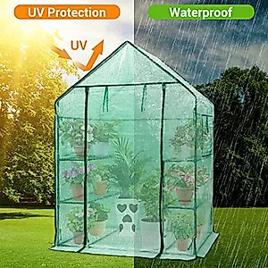 Ohuhu Greenhouse for Outdoors with Mesh Side Windows, 3 Tiers 4 Shelves Small Walk-In Green House Plant Stands Plastic PE Cover Outside Portable Warm House for Seedling Flowers Growing, 4.8x2.5x6.4 FT