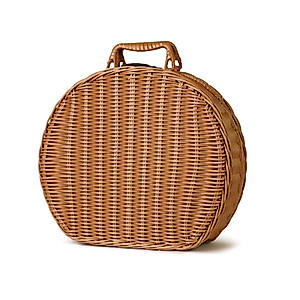 MSUIINT 7.9 x 5.7 in Rattan Suitcase Basket, Vintage Round Woven Wicker Storage Bins with Handle, Willow Picnic Handbag, Rattan Storage Box Travel Suitcase Storage Organizer for Camping Home Decor, S