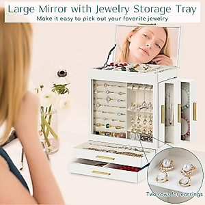 efubaby Jewelry Box for Women Girls, Jewelry Organizer Box with Large Mirror 6-Layer Jewelry Box Organizer Glass Window Storage Case with 3 Side Drawers Jewelry Holder Organizer White Jewelry Box
