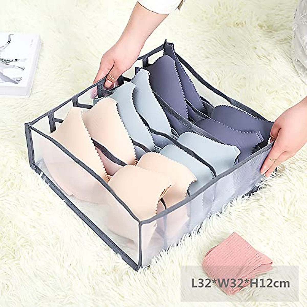 3PCS Drawer Organizer Underwear Closet Divider Women 6,7 and 11 grids for Clothes Storage Organization, Dresser, Drawer and Closet Organizers for: Underwear, Bra, Sock, & More, PSL-S13, Gray
