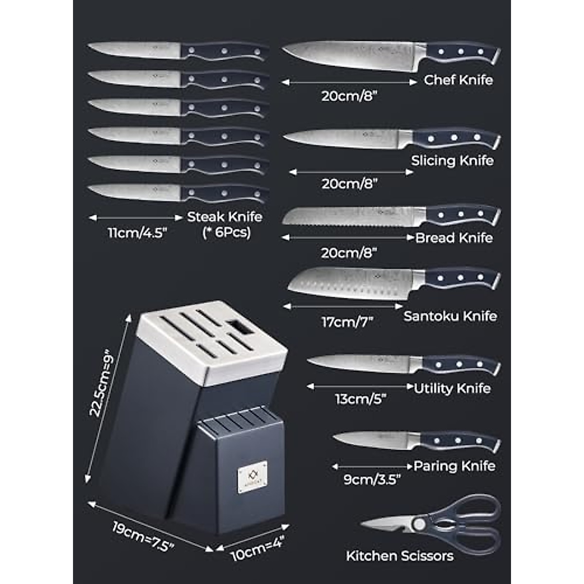 Knife Block Set, AMEGAT Knife Set with Advanced Self-Sharpening Technology, 14-Piece Waved Texture Kitchen Knife Set, Stainless Steel Knife Set with Block, Razor-Sharp Knives and Full Tang Handle
