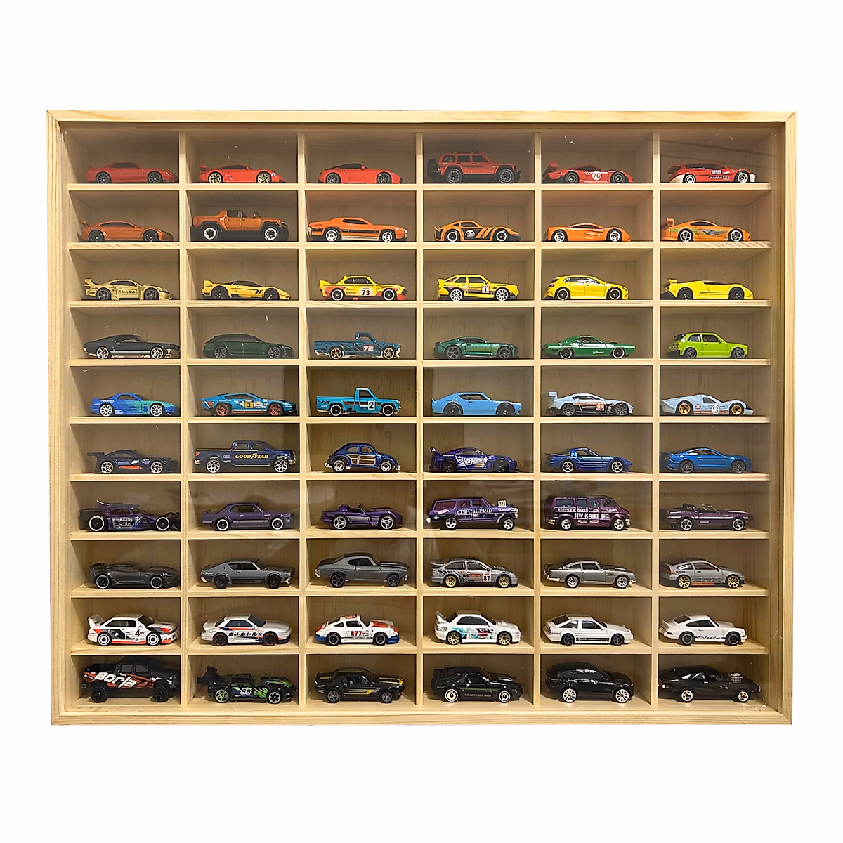 Wooden Wall Mount Display Case for Hot Wheels, with Dust Resistant Door, Matchbox 1/64 Scale Diecast Model Cars Display Storage Organizer Case, Stores up to 60 Cars