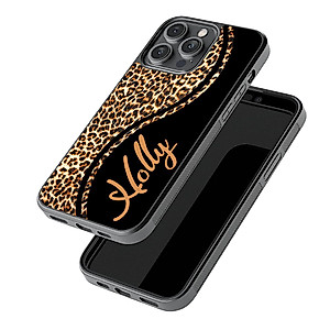 Leopard Skin Personalized Black Rubber Phone Case Compatible with Apple iPhone 15 Pro Max, 15 Pro, 15 Plus, iPhone 14 Pro Max, 13 Pro Max Mini, 12 Pro Max Mini, 11 Pro Max X XS Max XR 8 7 Plus
