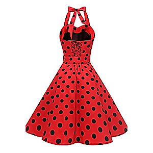 Topdress Women's Vintage Polka Audrey Dress 1950s Halter Retro Cocktail Dress Red/Black Dot M