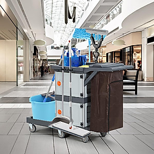 Commercial Janitorial Cart with Cabinet, 3-ply Multi-Purpose Engineered Plastic Housekeeping Cart with 30 Gallon Bag Hand Push Utility Cart, 200 lbs Load Capacity