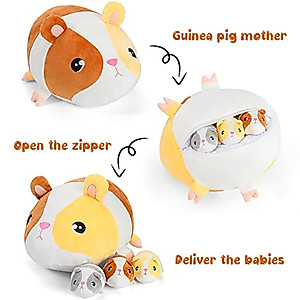 14inch Guinea Pig Stuffed Animals, Mama Hamster Plushie Pillow with 3 Cute Babies Guinea Pig Mouse Plush Toys, Birthday Christmas Surprise Gifts for Kids Girls Boys