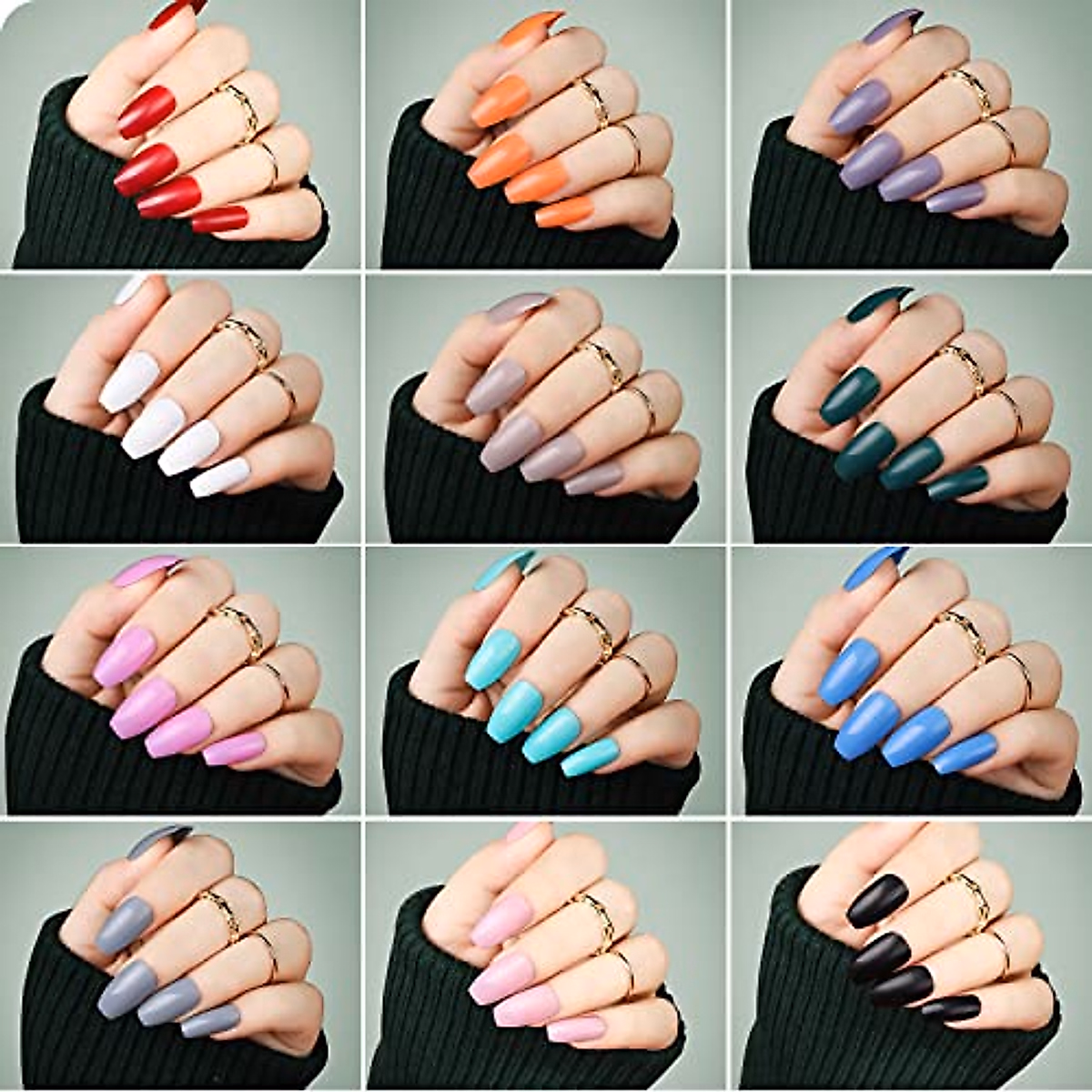 Coffin Shape Press On Nails Set, Teenitor 24 Packs 576PCS Matte Short Coffin Glue On Nails Medium Length, 12 Colors Coffin , 12 Colors Glossy Press On Coffin Nails, Reusable, Nail Adhesive Tabs, Nail Stickers Rhinestone