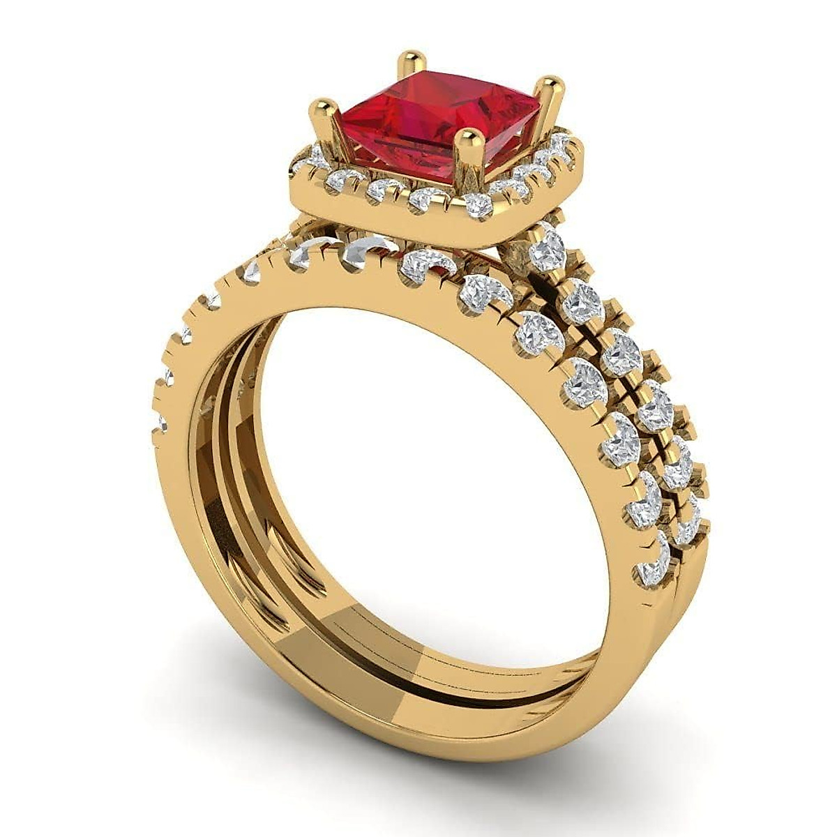 Clara Pucci 1.7 ct Princess Cut Halo Solitaire Simulated Ruby Designer Art Deco Statement Wedding Ring Band Set 18K Yellow Gold 3.5