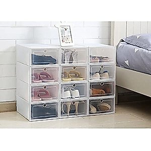 Shoe Storage Boxes 12 Pack Foldable Plastic Transparent Shoe Box Storage Clear Organizer Stackable Shoe Containers with lids Display Sneakers (White)