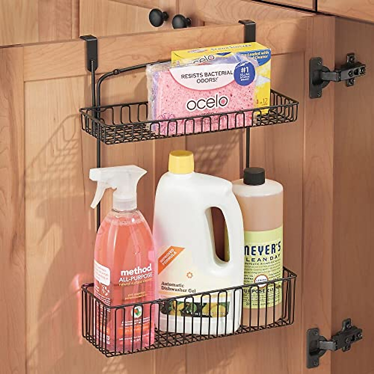 mDesign Steel Over Cabinet Kitchen Storage Organizer Holder or Basket - Hang Over Cabinet Doors in Kitchen, Pantry, Bathroom - Holds Dish Soap, Window Cleaner - Concerto Collection - Matte Black