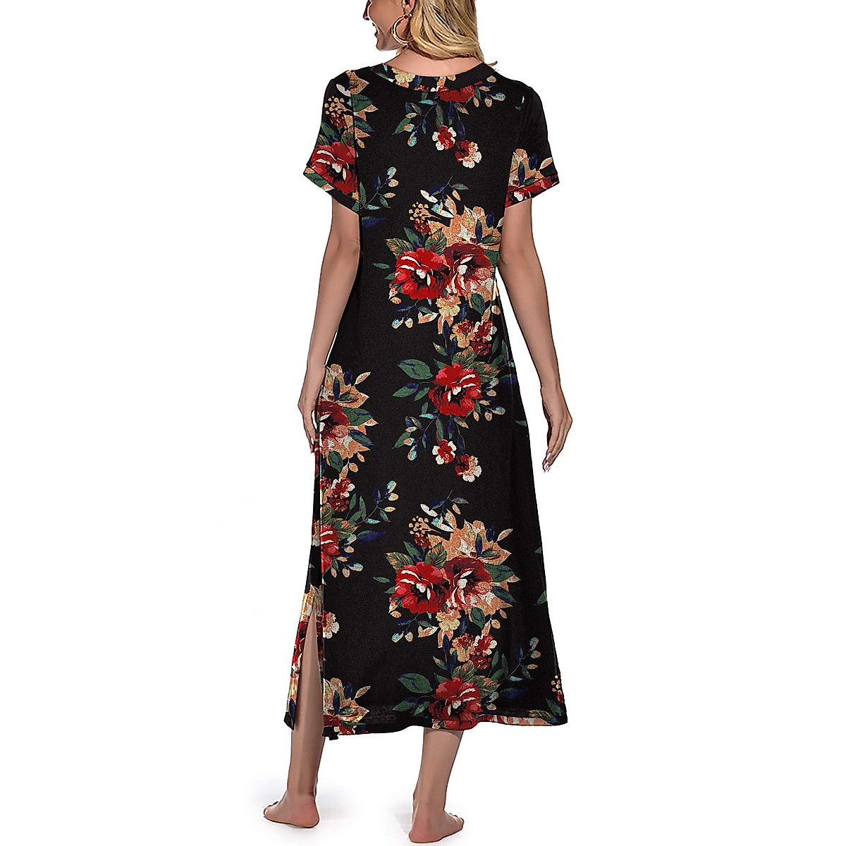 PrinStory Womens Long Nightgown Short Sleeve Nightshirt V-Neck Soft Loungewear Casual Sleepwear With Pockets FP-Brown Black-Large