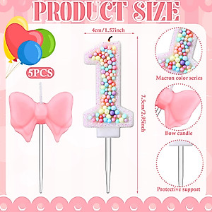 Conelist 6 Pcs 1 Birthday Candle Macaron Glitter 3D Number 1 Candles for First Birthday 2.95 Inch 1st Birthday Cake Topper with Pink Bow Shaped Candle for Party Wedding Anniversary Decoration
