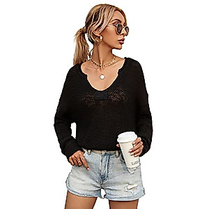 Anna-Kaci Women's V Neck Knit Pullover Sweaters Long Sleeve Distressed Casual Chunky Tunic Shirts, Black, Medium