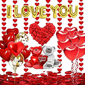Anniversary Decorations, I Love You Balloons and Heart Balloons Kit with 1000pcs Artificial Rose Petals and 4Pack Red Heart Garland for Valentine Day Romantic Special Night Anniversary Decorations