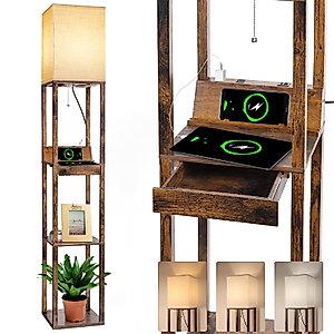 【Upgraded】Floor Lamp with Shelves,Shelf Floor Lamps for Living Room with Wireless Charger, Floor Lamps for Bedroom with USB A+C Charging Ports and 2 AC Outlet, Brown Wood Lamp for Living Room, Bedroom