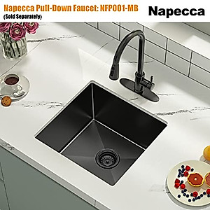 NAPECCA 17" Black Undermount Bar Sink - 17x17 Stainless Steel Square Single Bowl 18 Gauge, Gunmetal Black Small Kitchen Sinks, Nano Dark Grey Deep Modern Wet Bar/Island/Prep Sink with Accessories