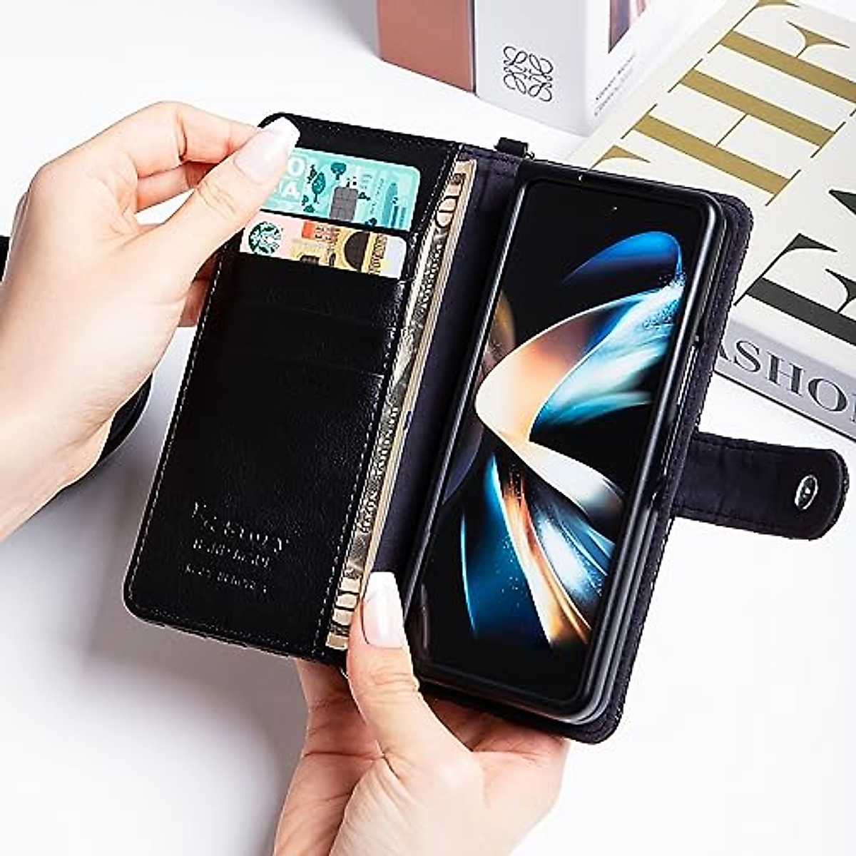 Qoosan Genuine Leather for Galaxy Z Fold 5 Case with Strap Card Holder Hinge Protection Wallet Case, Gold