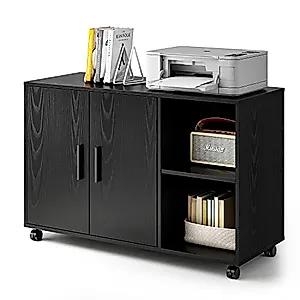 DEVAISE Rolling File Cabinet, Wood Storage Cabinet with Dual Doors, Large Printer Stand on Lockable Wheels for Home Office, Black