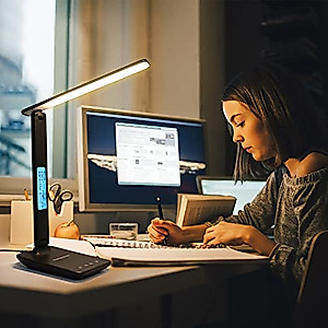 LAOPAO Desk Lamp, LED Desk Lamp with Wireless Charger, USB Charging Port, Adjustable Foldable ​Table Lamp with Clock, Alarm, Date, Temperature, 5-Level Dimmable ​Lighting​, Office Lamp with Adapter