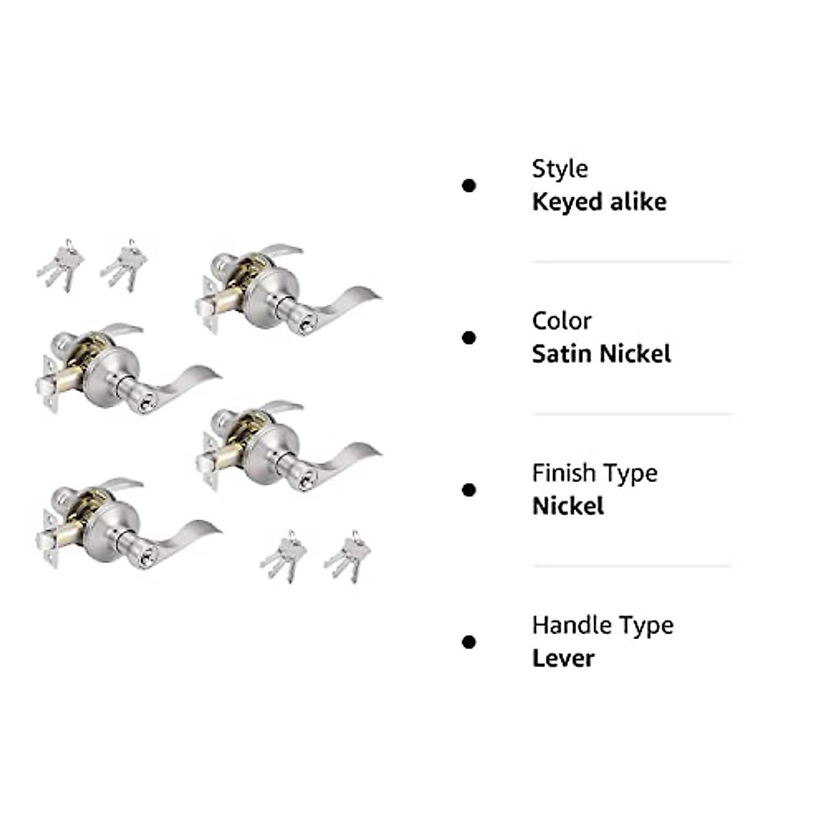 Probrico (4 Pack Wave Style Keyed Alike Entry Levers, Keyed Reversible Door Handles with Lock and Same Keys, Exterior Interior Entry Locks in Satin Nickel Finish