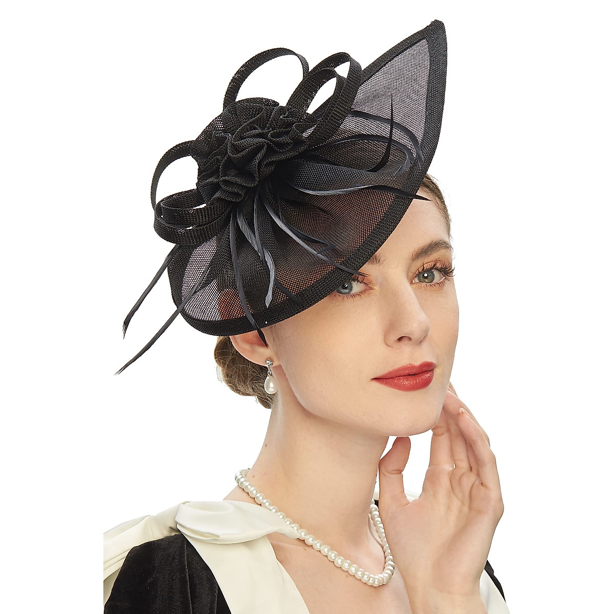 Pillbox Hats 20s 50s Vintage Fascinators for Women with Feather Mesh Veil Headband Bridal Wedding Tea Party (F-Black)